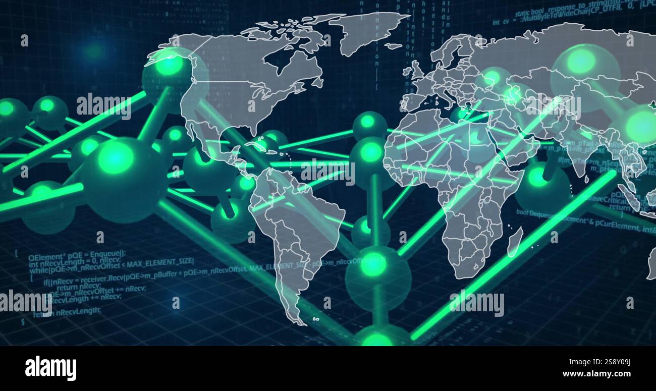 Global network connections and data transfer image over world map Stock ...