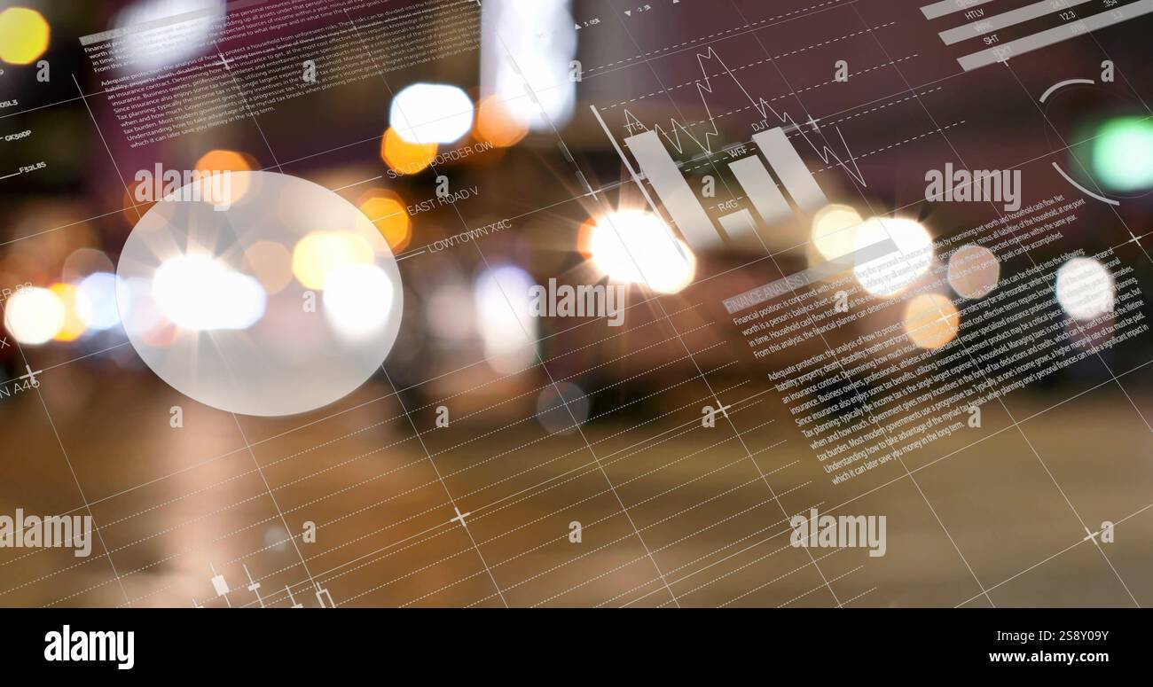 Financial charts and graphs image over blurred city lights background ...