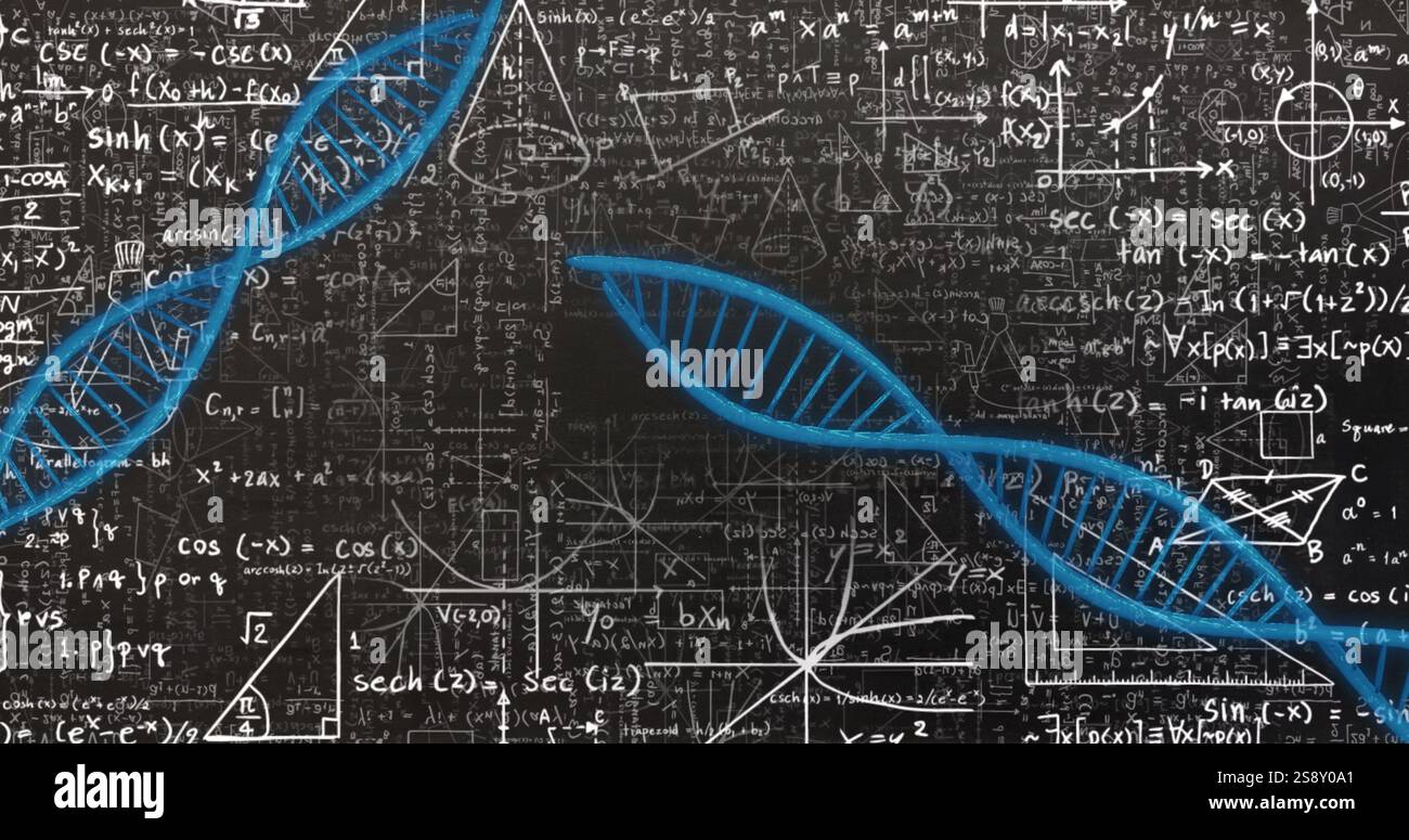 DNA strand and mathematical equations, scientific data processing Stock ...