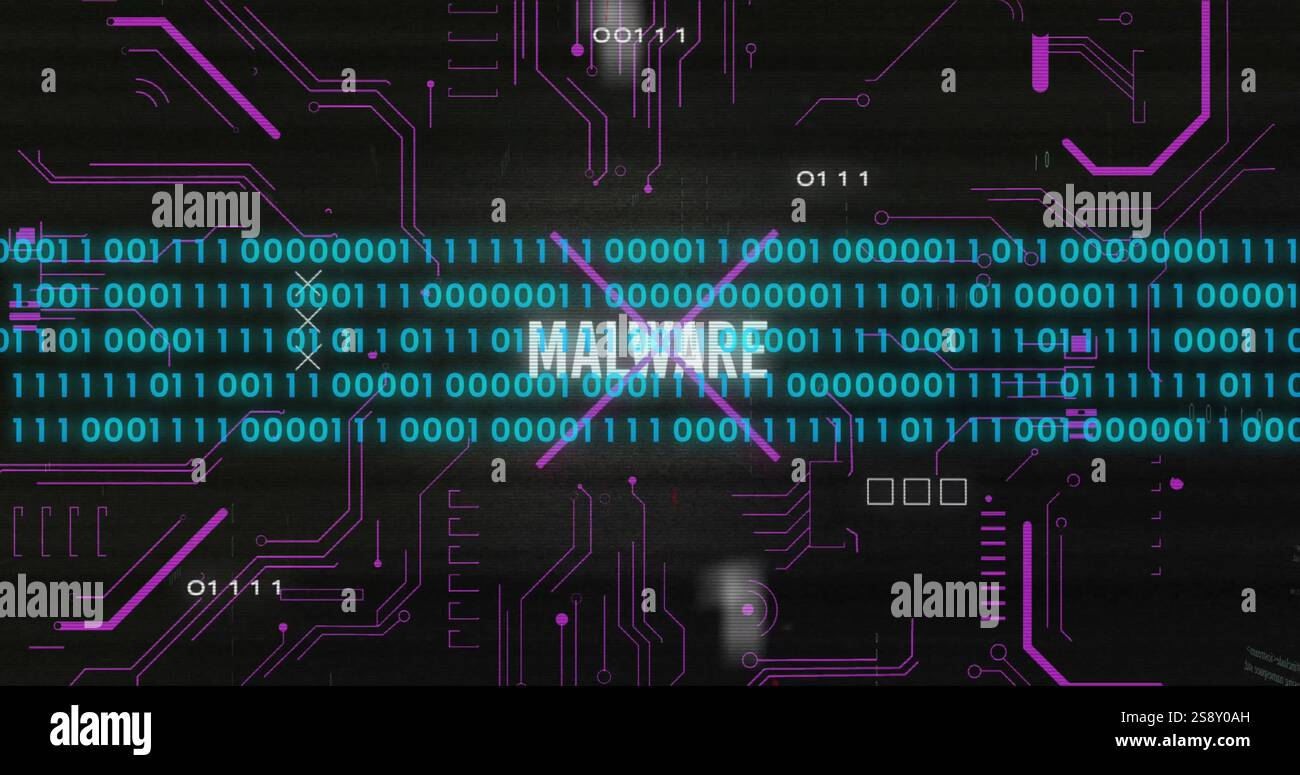 Image Of Malware Text With Computer Circuit Board Over Data Processing