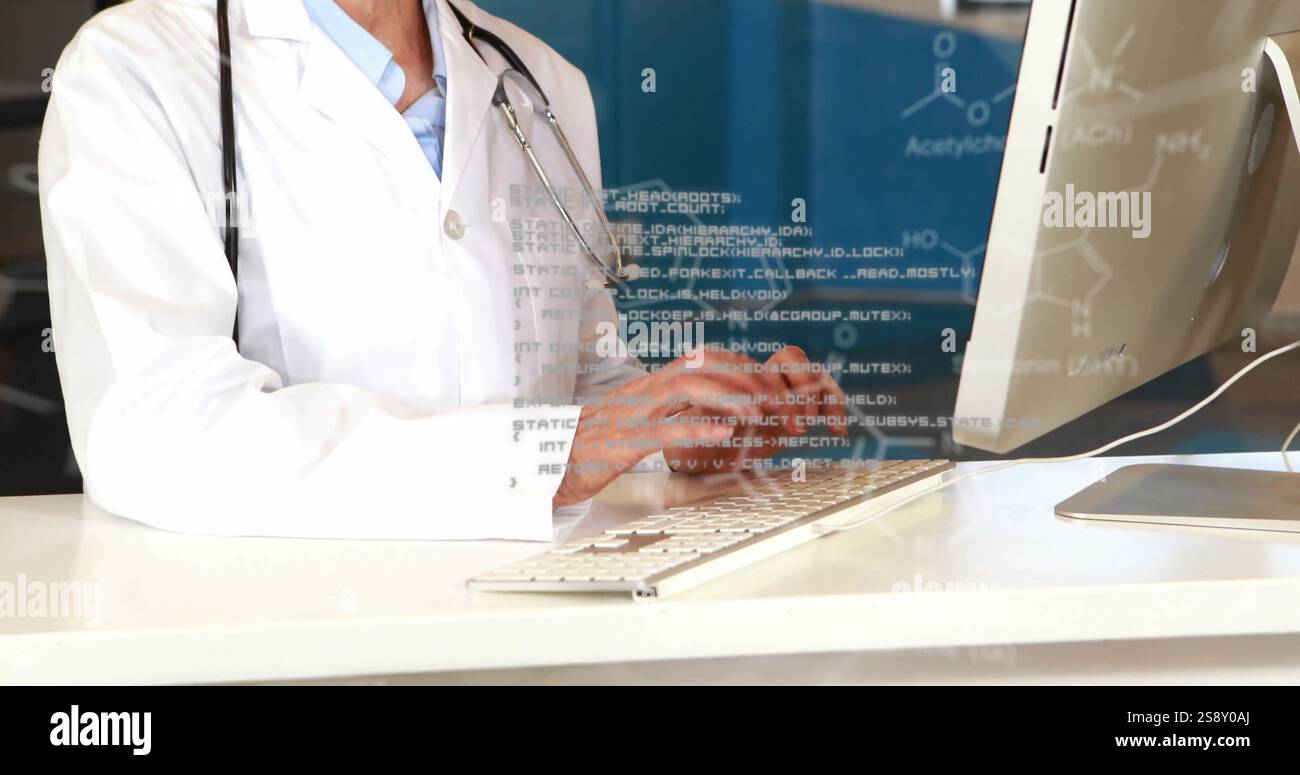 Image of chemical formula and data processing over caucasian female ...