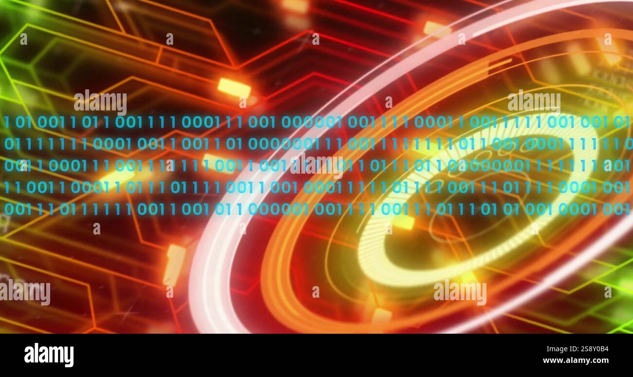 Image of scope scanning with data processing over computer circuit board on black background ...