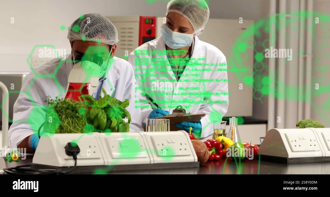 Image of chemical formula and data processing over diverse scientists ...