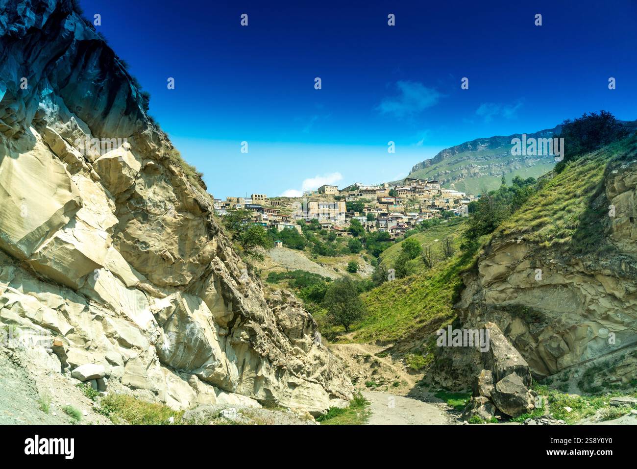 Village of Chokh in Dagestan. Facades of houses located in tiers on a ...