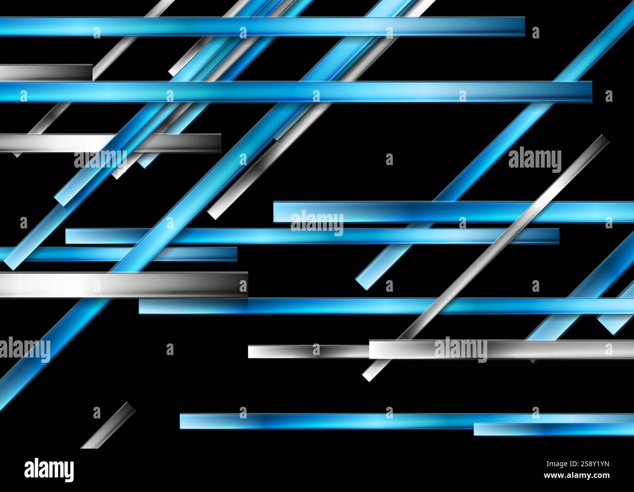 Black abstract tech background with blue and metallic glossy stripes ...