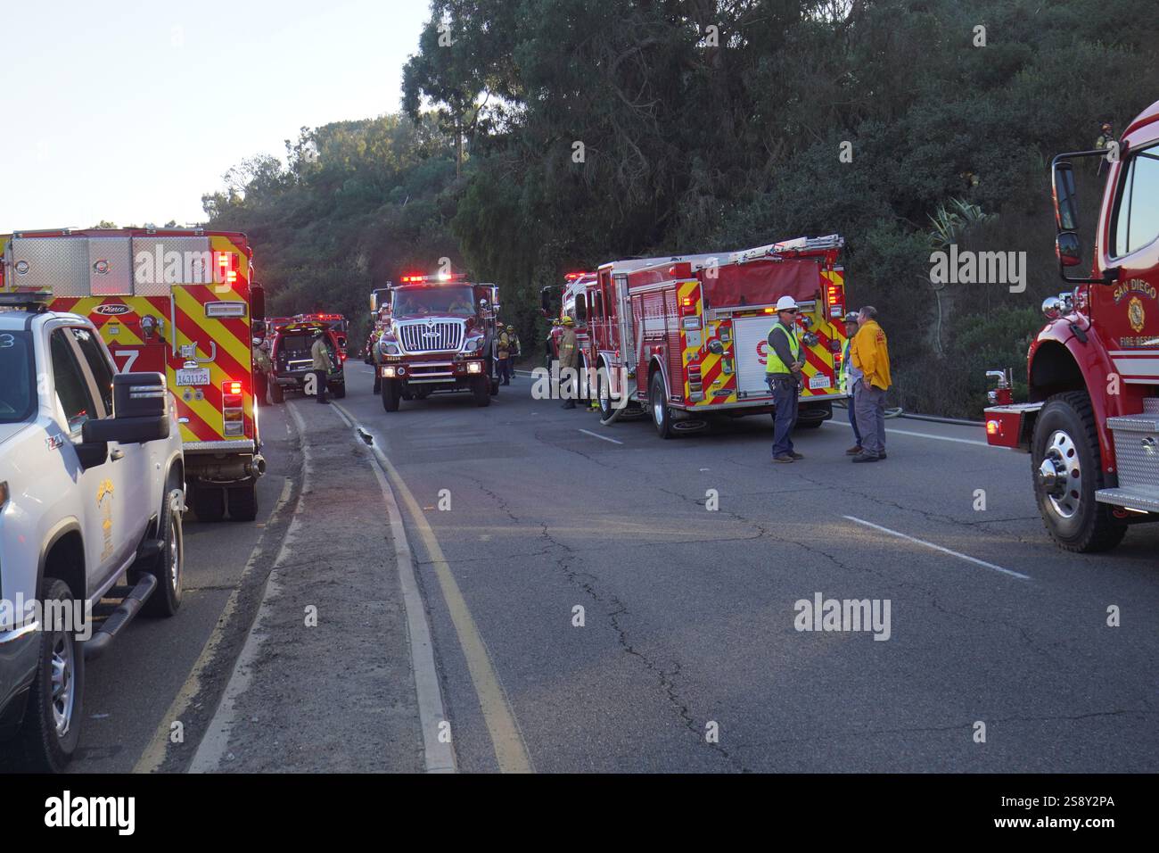 Fire trucks are seen at the fire scene. The Gilman Fire began at the La ...