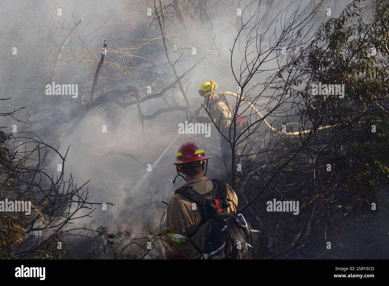Firefighters battle with the fire at the fire scene. The Gilman Fire ...