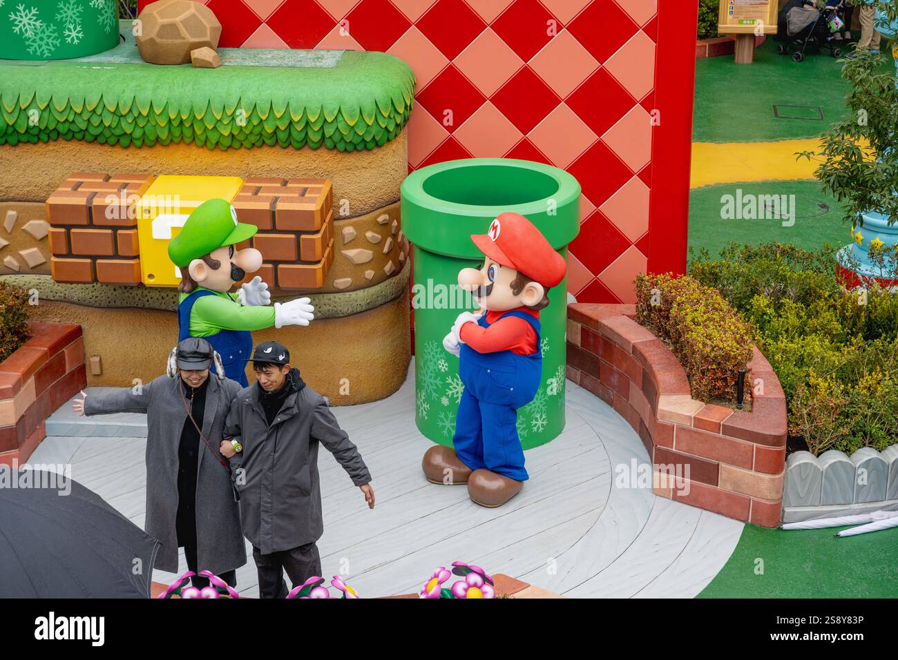 Osaka, Japan - January 9, 2024: Nintendo characters and park scenery ...