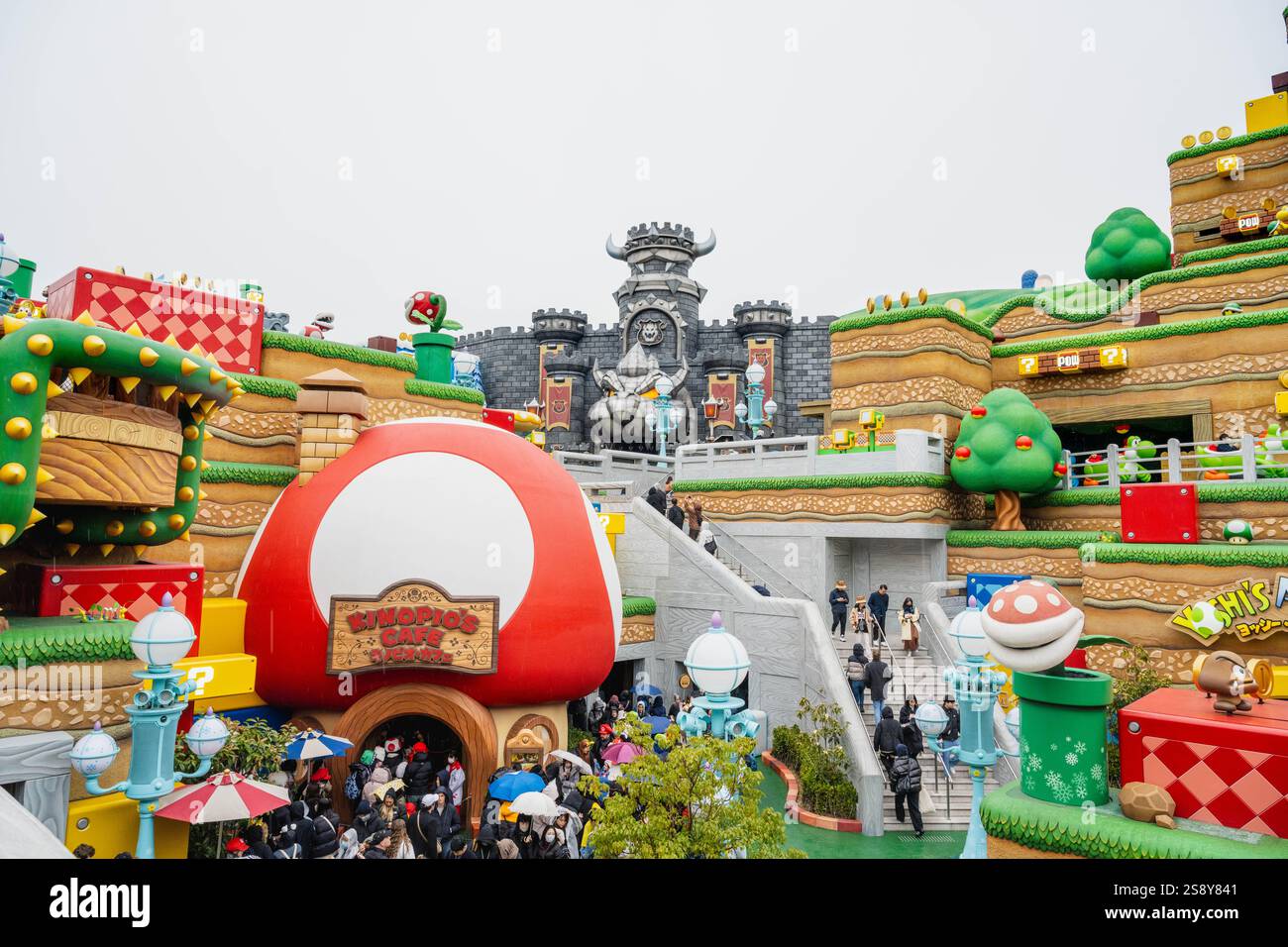 Osaka, Japan - January 9, 2024: Nintendo characters and park scenery ...