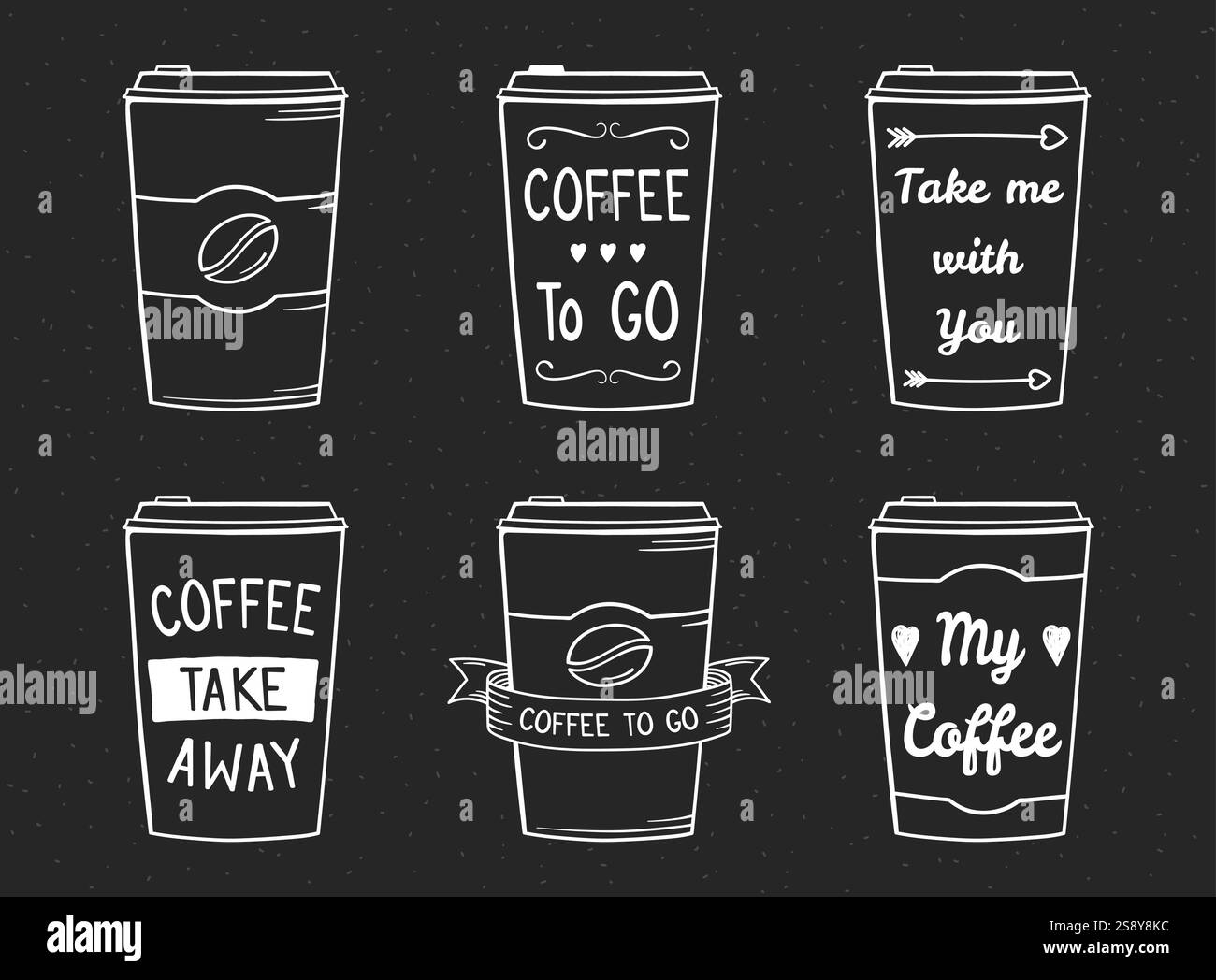 Hand drawn coffee to go paper cups, take away coffee cups - six design ...