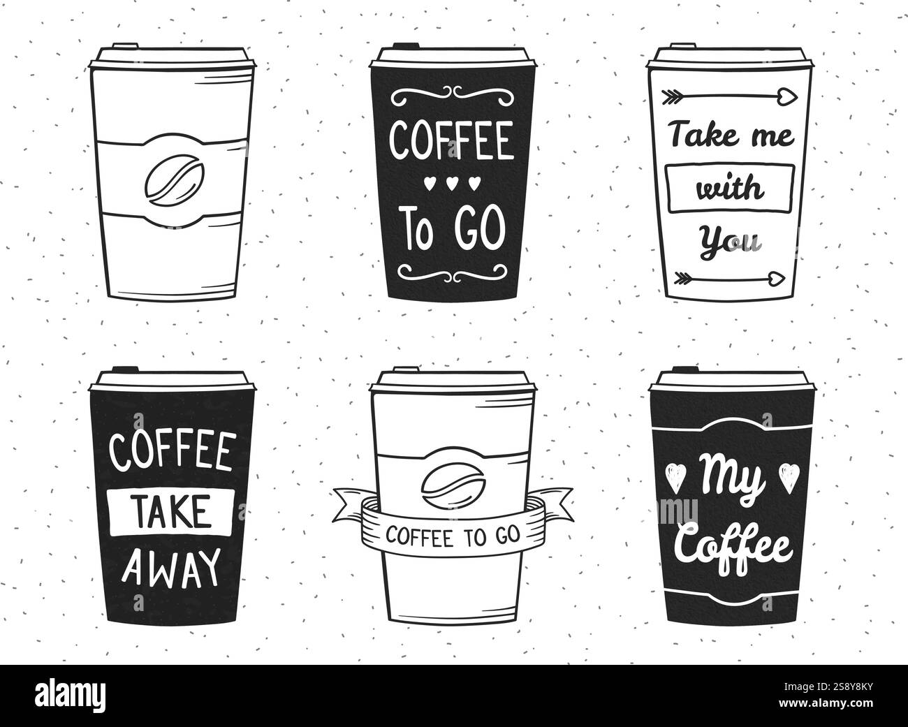 Hand drawn coffee to go paper cups, take away coffee cups - six design ...