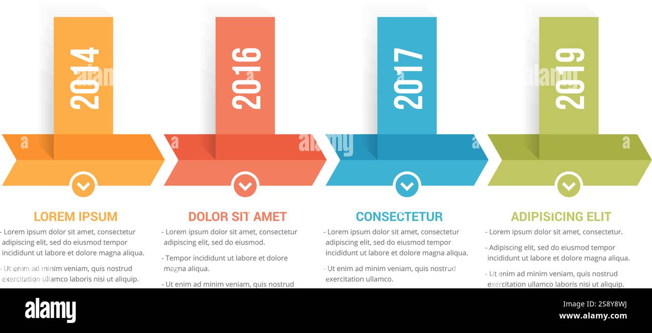 Horizontal timeline infographics template with four arrows, vector ...