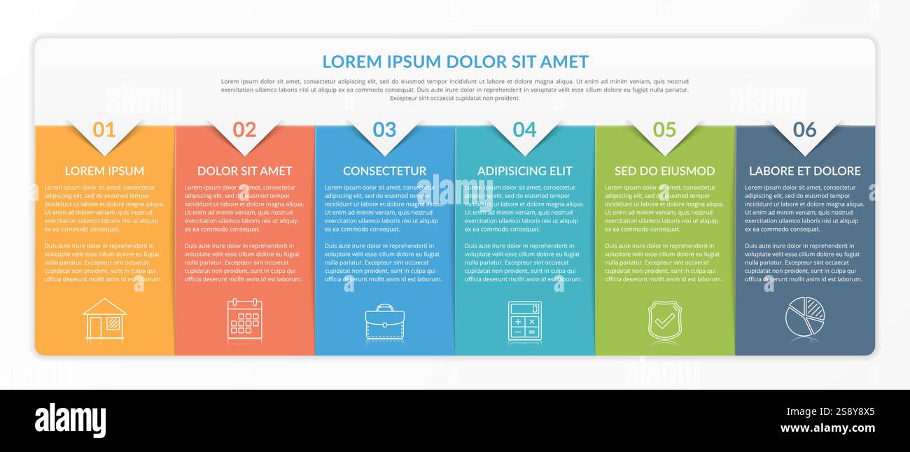 Infographic template with 6 elements for text and icons, can be used ...