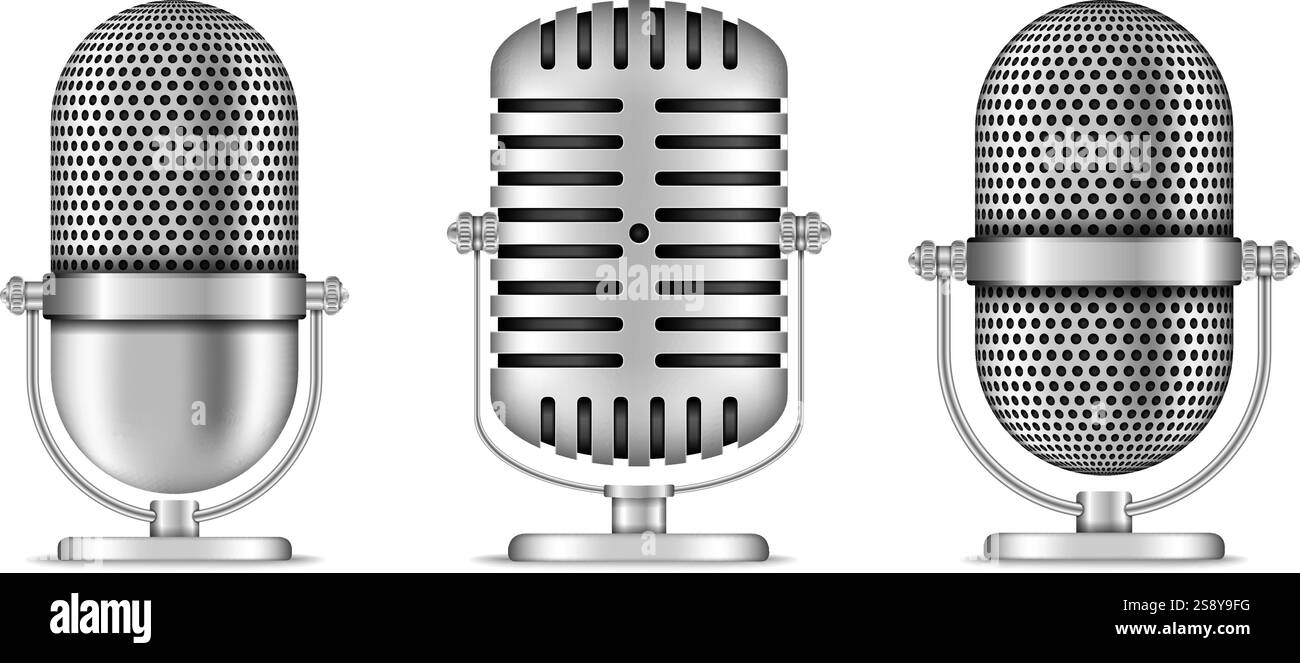 Three different realistic retro microphones on white background, vector ...