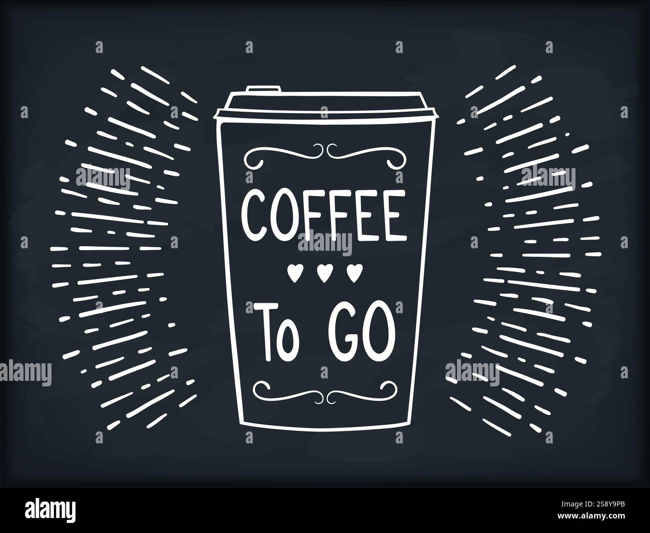 Hand drawn take away coffee cup with phrase 'Coffee to Go' on retro ...