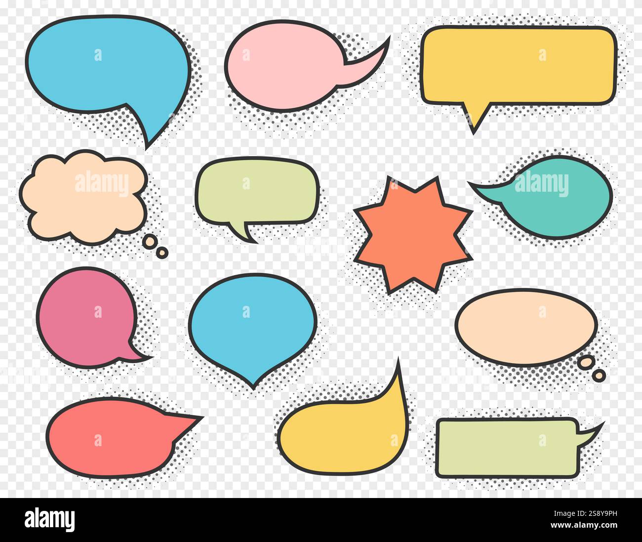 Hand drawn colored speech bubbles, halftone shadows, vector eps10 ...