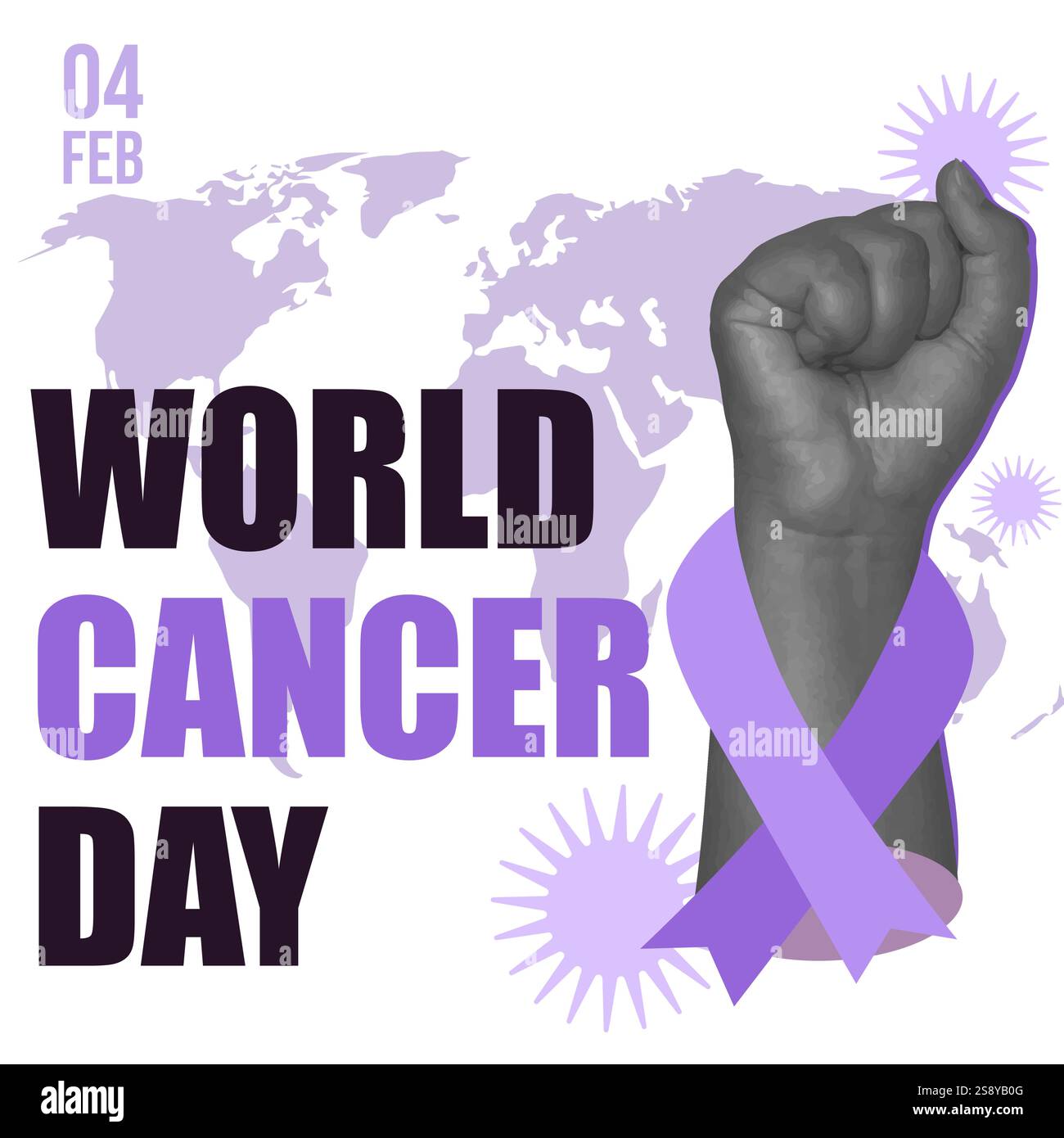 Empowering World Cancer Day fist and globe illustration in purple tones ...