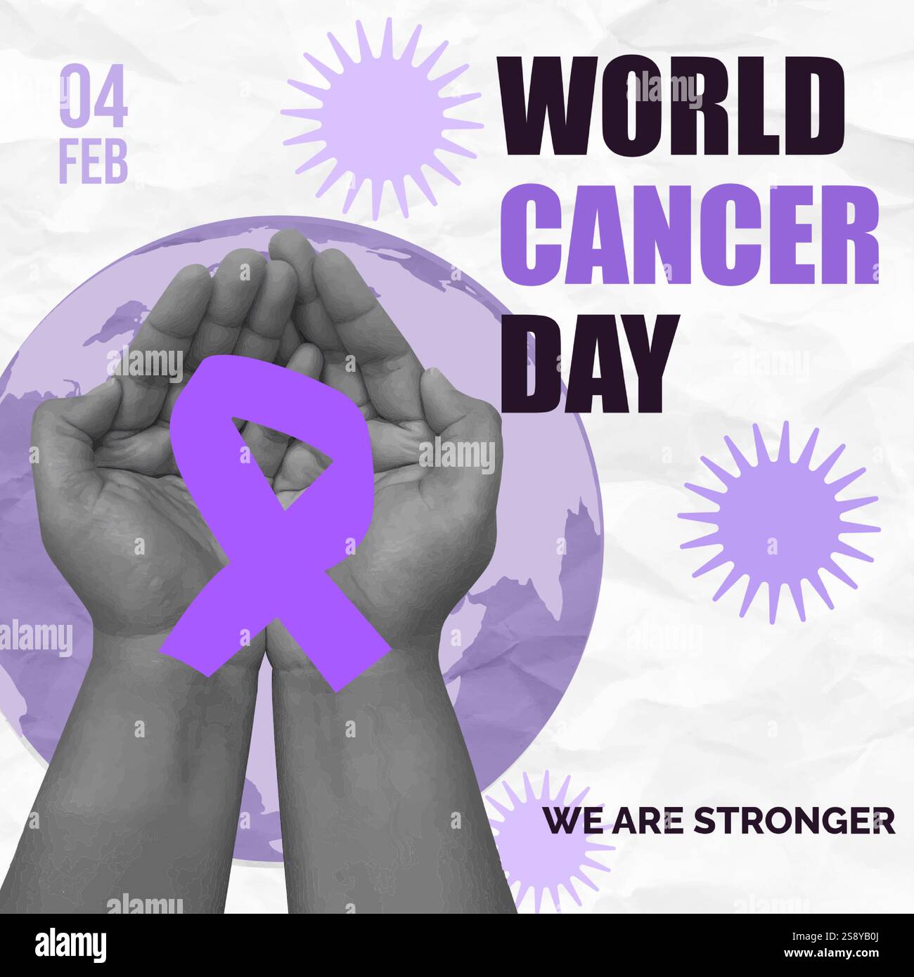 Unity and strength for World Cancer Day with hands and purple ribbon ...