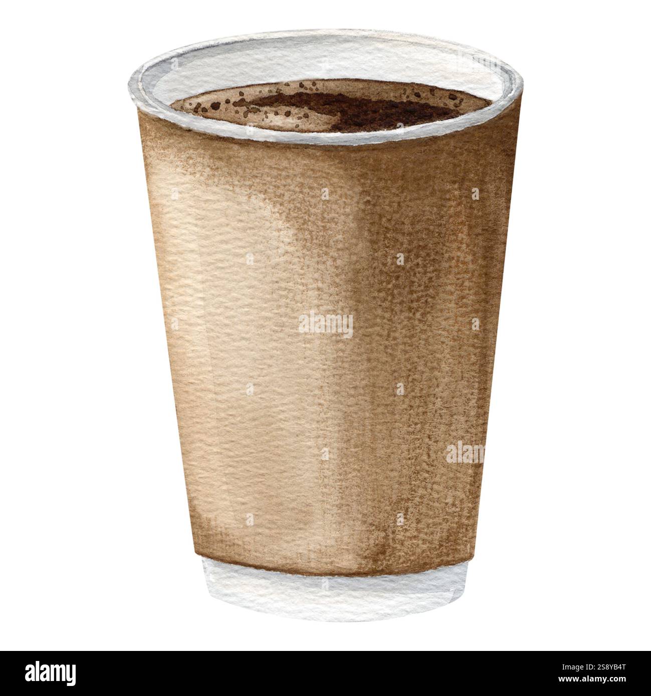 Watercolor illustration of a takeaway coffee in paper cup without lid ...