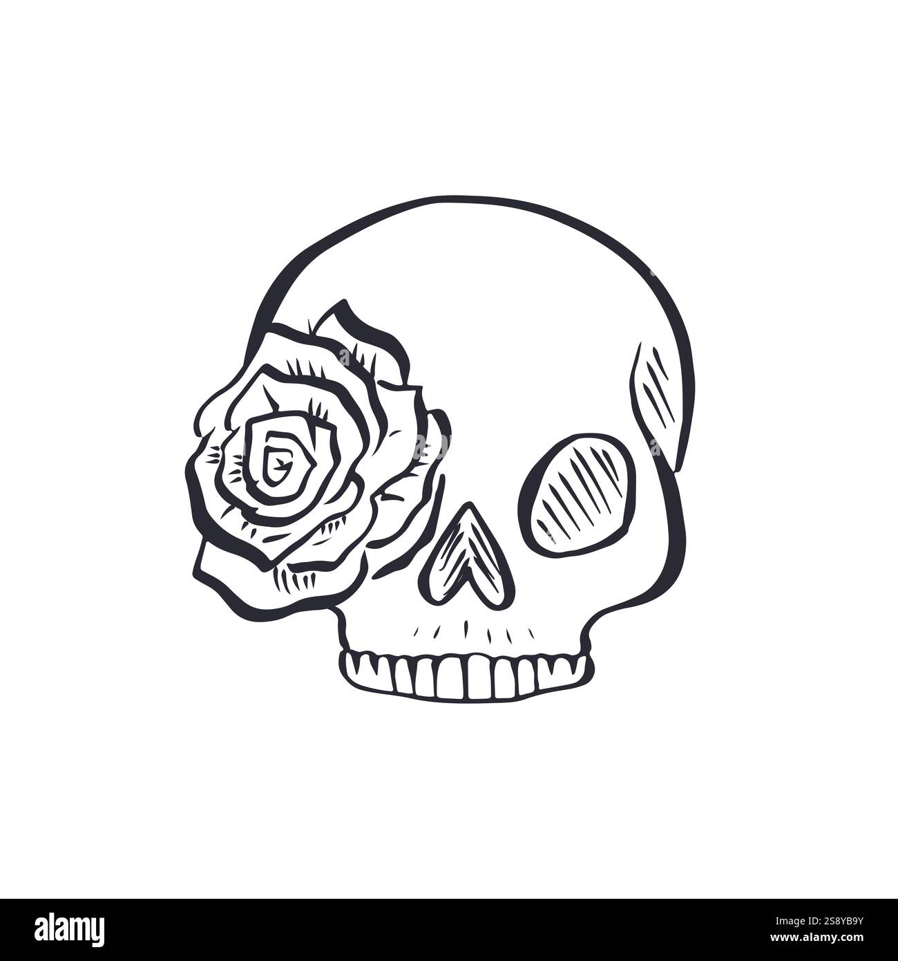 Hand drawn inky floral human skull with rose in the eye sketch Stock ...