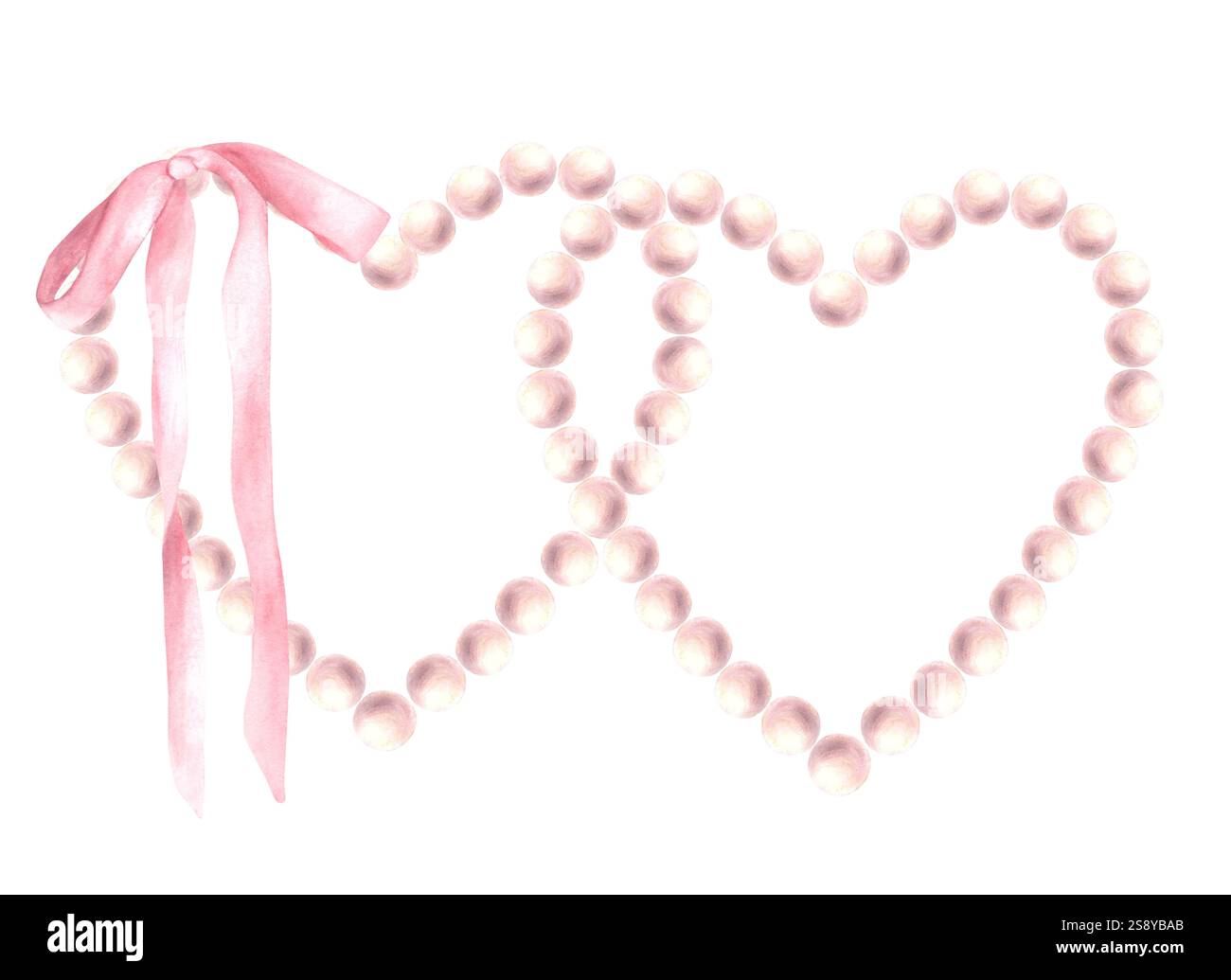 Two pearl hearts in an intertwined frame with pink bow. Watercolor hand ...