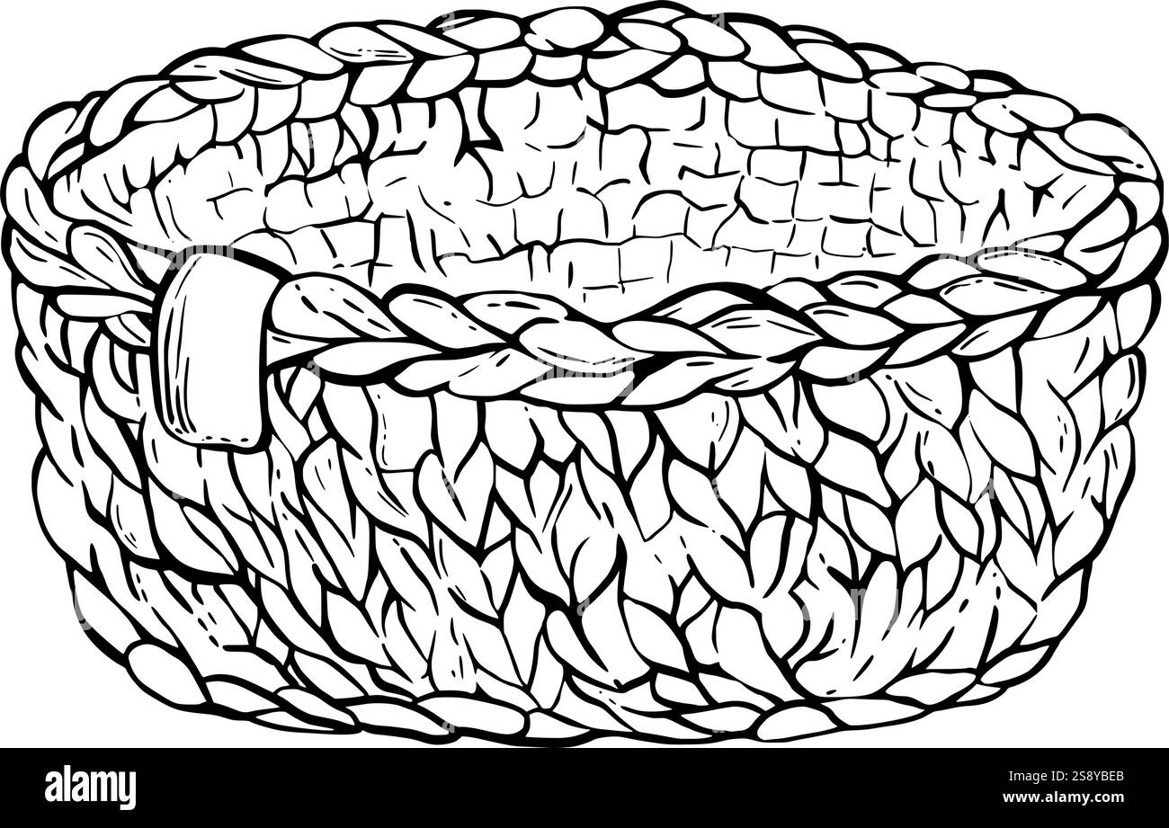 Knitted basket.Vector black line art hand drawing illustration. Hobby ...