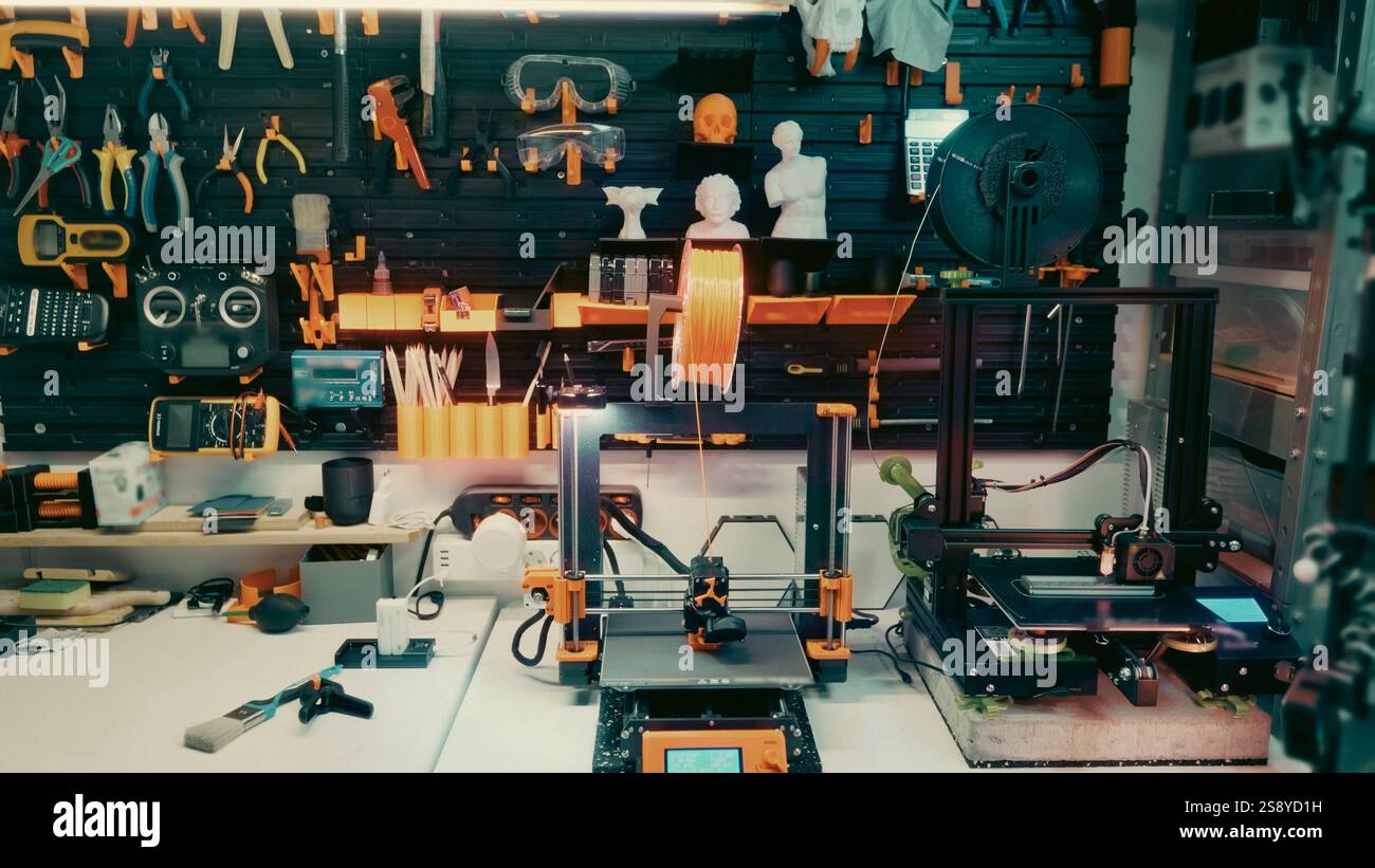 3d printer prototype creation orange plastic printing manufacturing ...