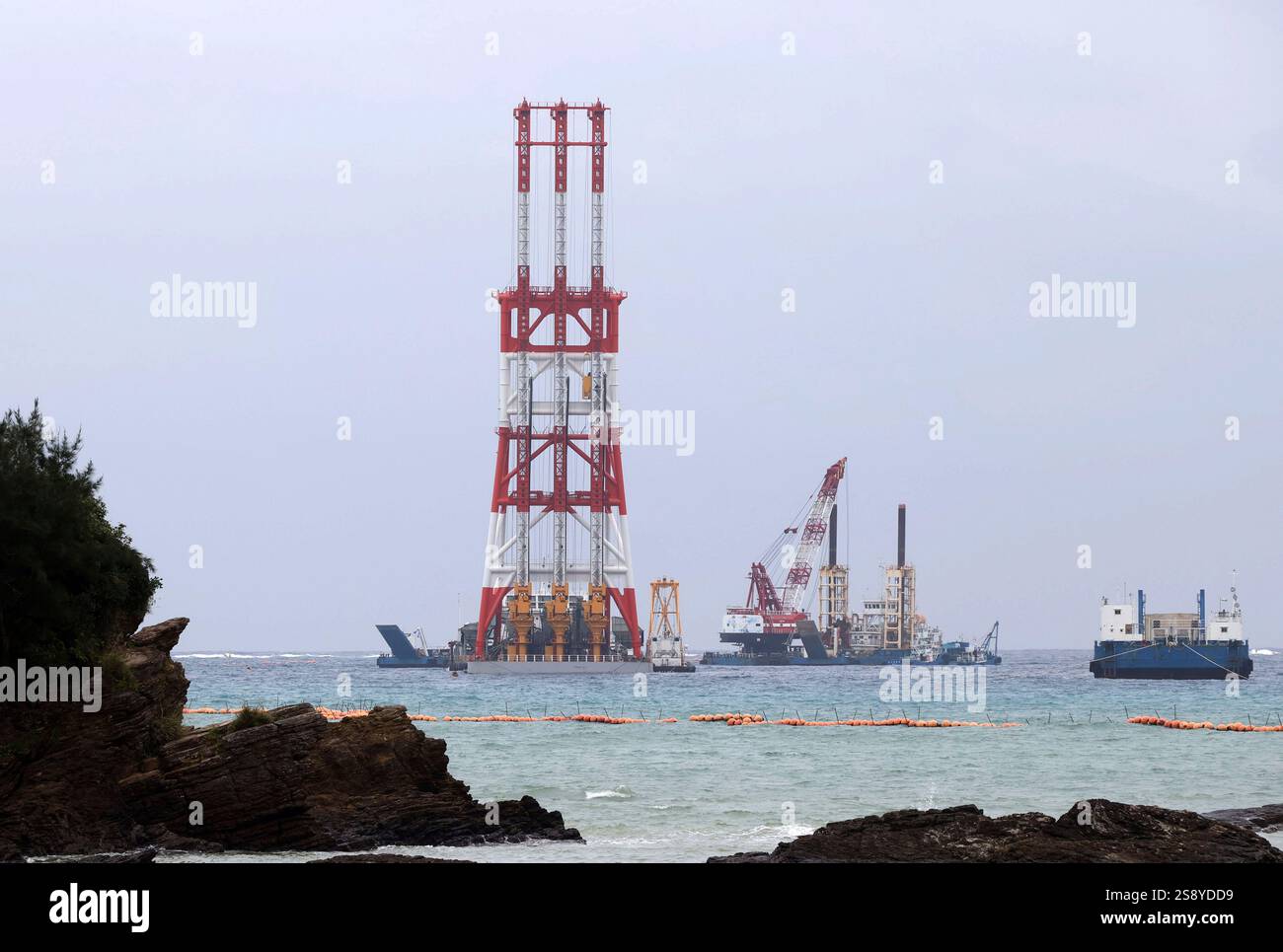 A sand drainage ship works at the area of soft ground improvement work ...