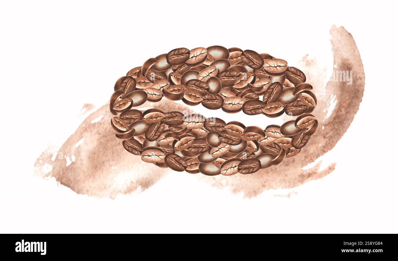Composition from roasted coffee beans with stain. Watercolor hand drawn ...