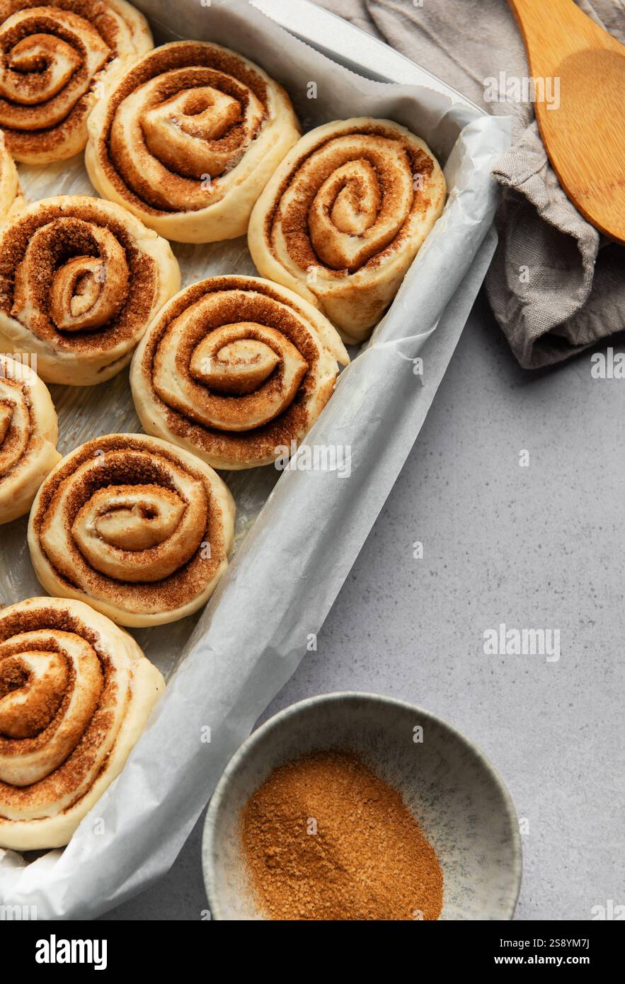Freshly made cinnamon rolls resting in a baking pan, dusted with ...