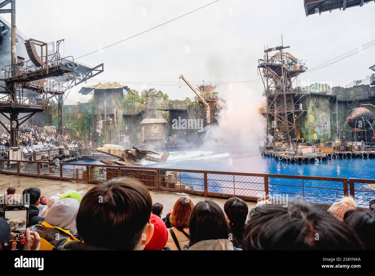 Osaka, Japan - January 9, 2024:waterworld large parade with performers ...