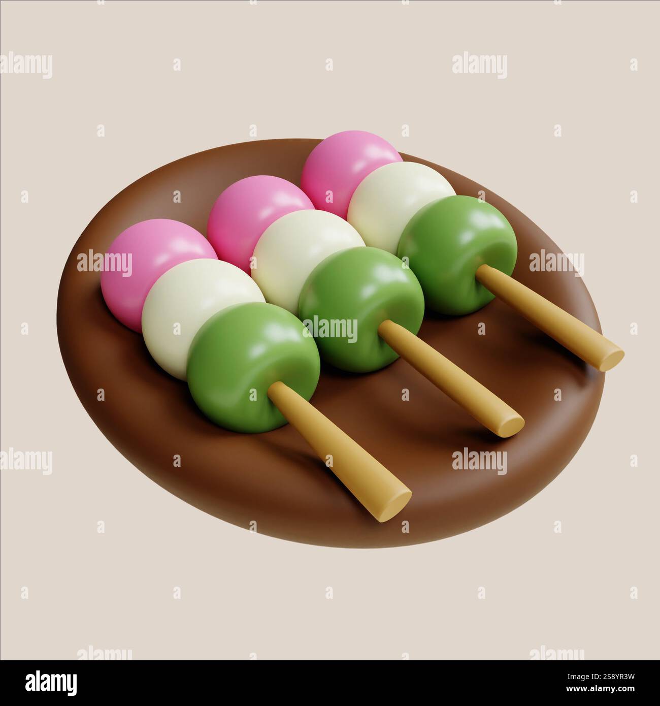 Colorful dango skewers with sweet toppings served on a chocolate plate ...
