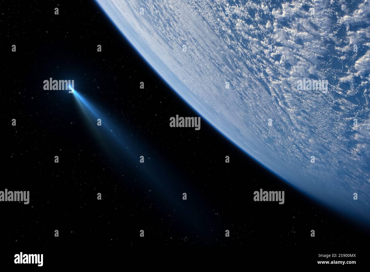 Сomet or asteroid flying close to planet Earth. Comet flying through ...