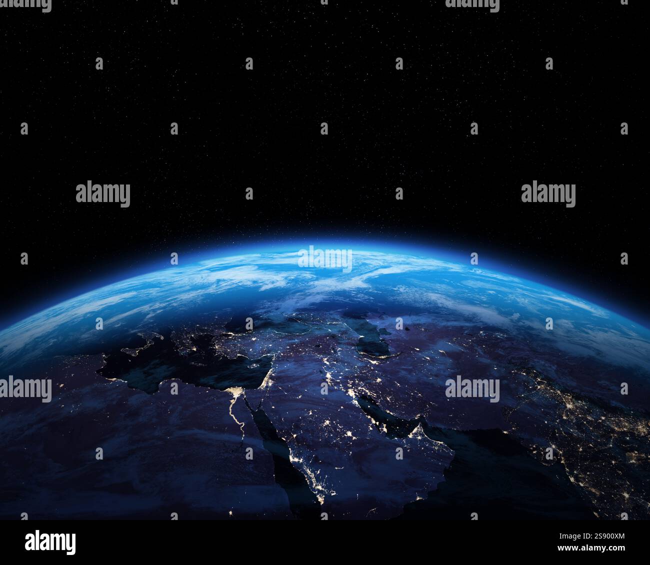 Earth in space. Night on planet with cities lights. Near and Middle ...