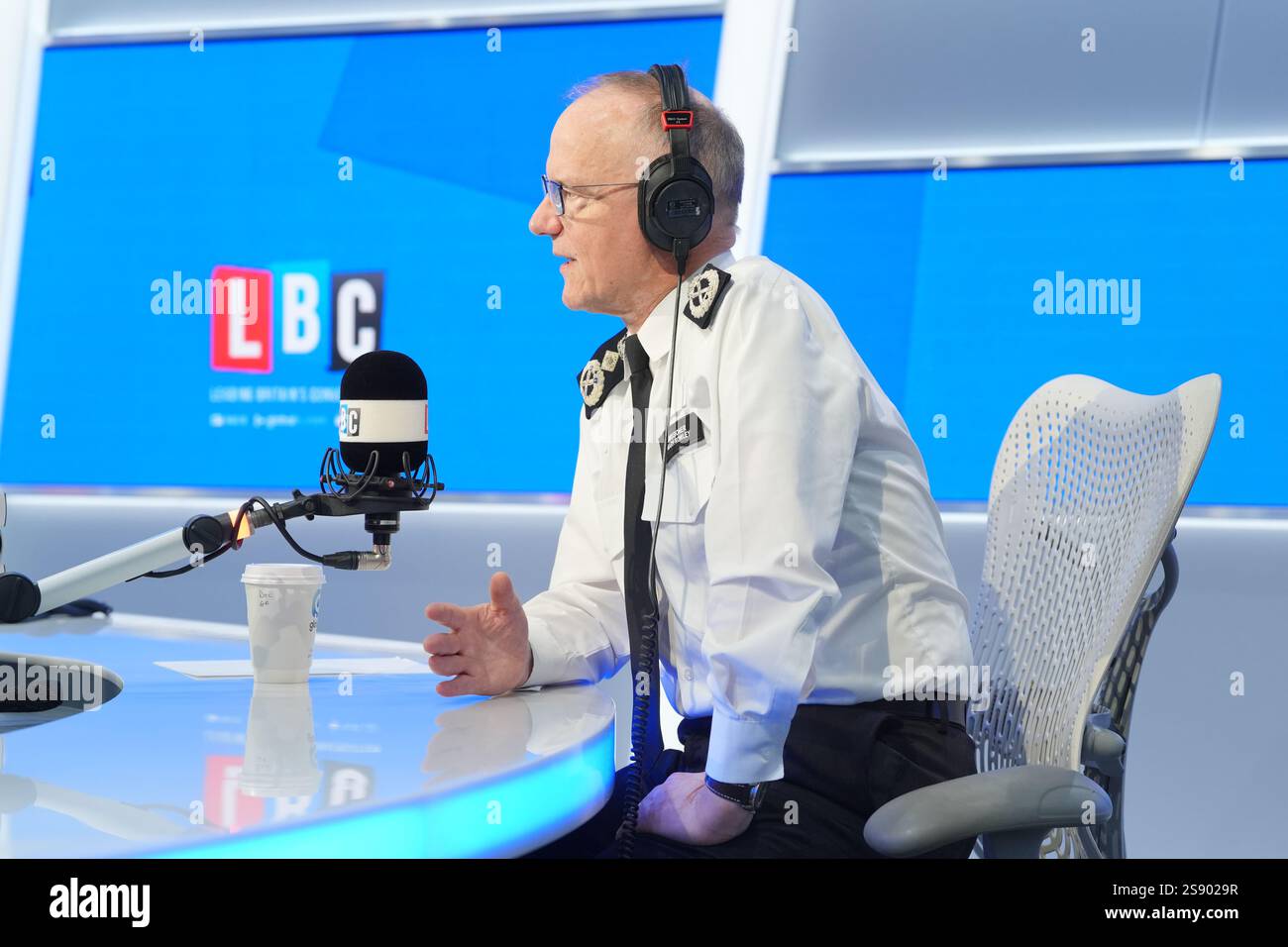 Metropolitan Police Commissioner Sir Mark Rowley takes part in a live phone-in on LBC's Nick ...