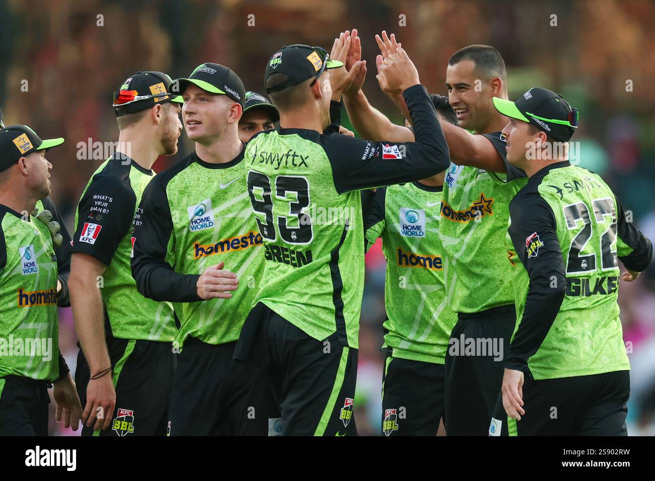 Wes Agar of the Thunder (R) celebrates the wicket of Kurtis Patterson ...