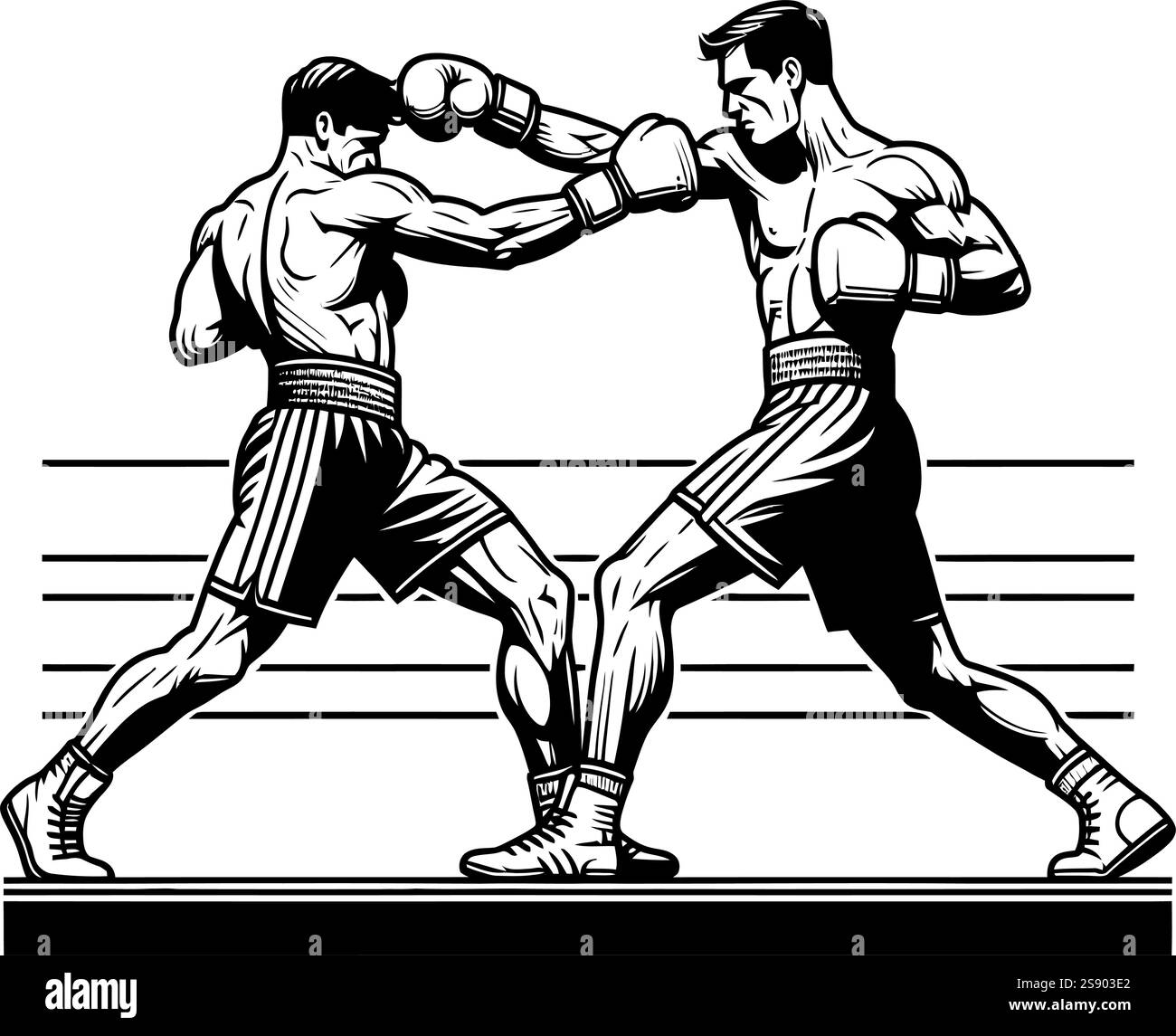 Black and white illustration depicting two boxers in the midst of a ...