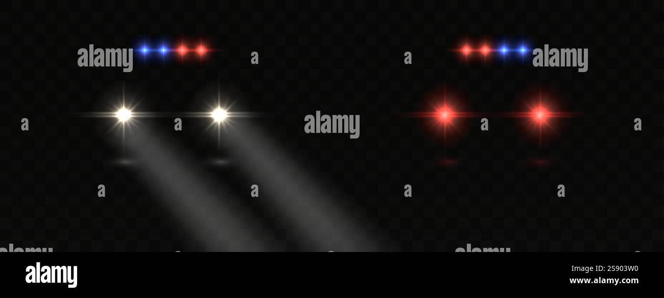 Police car headlights. Realistic lights flares and siren effect. Vector ...