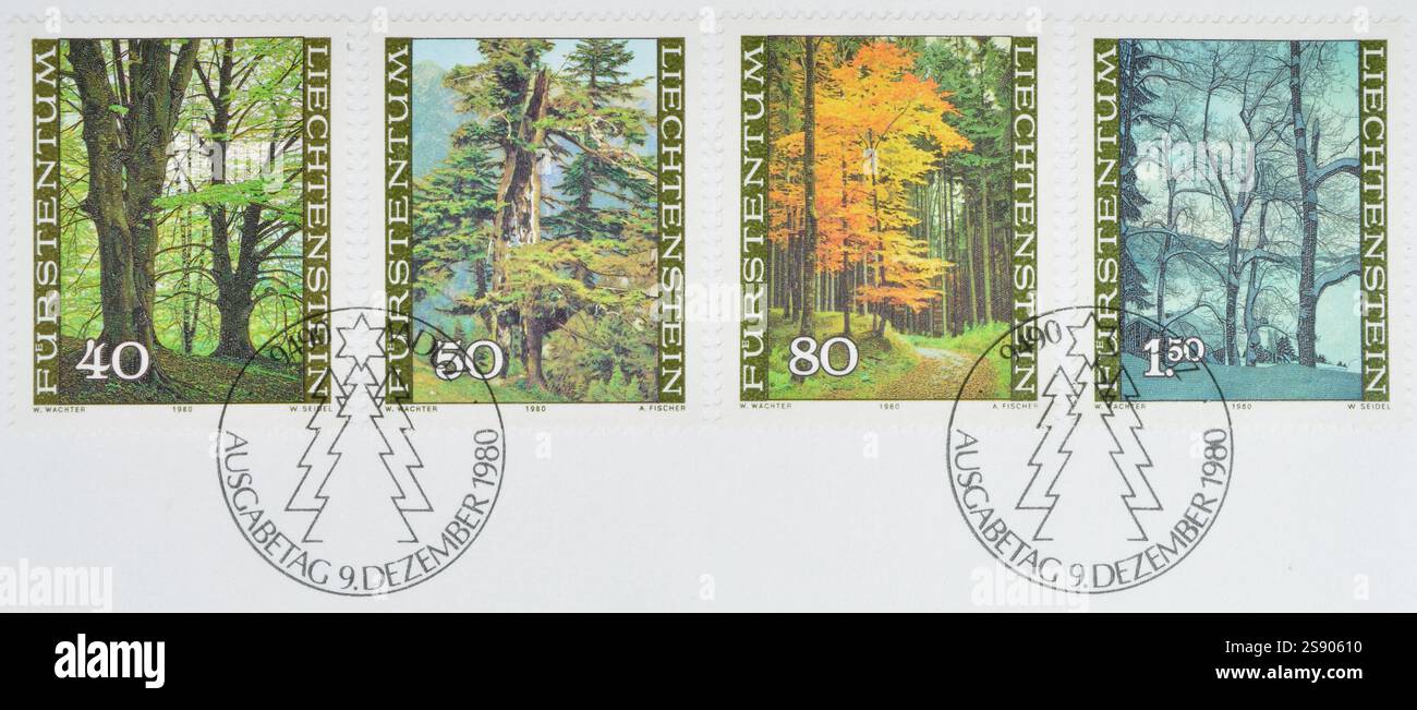 Cancelled postage stamps printed by Liechtenstein, that show Forest ...