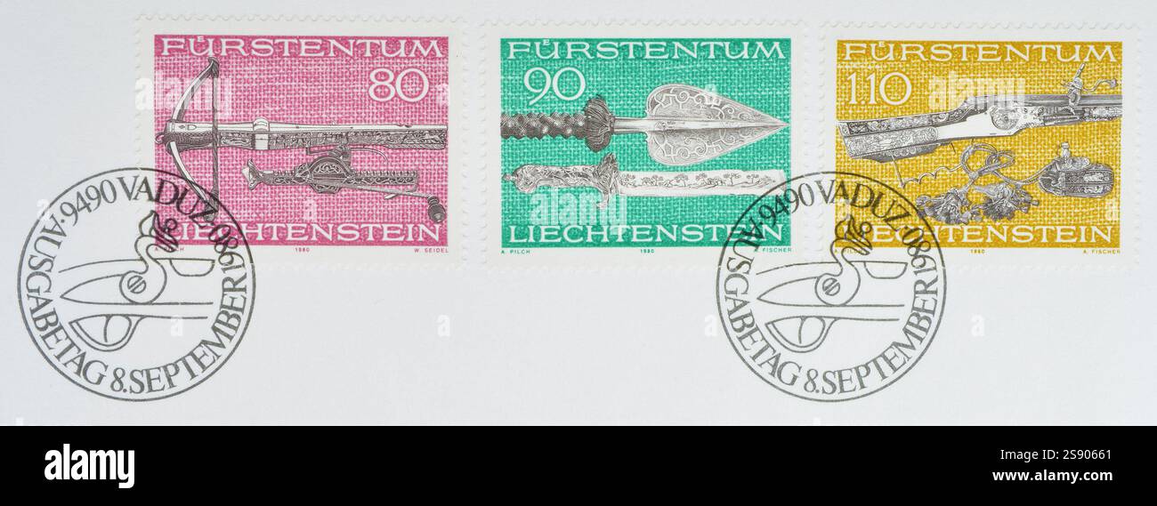 Cancelled postage stamps printed by Liechtenstein, that show Ancient ...