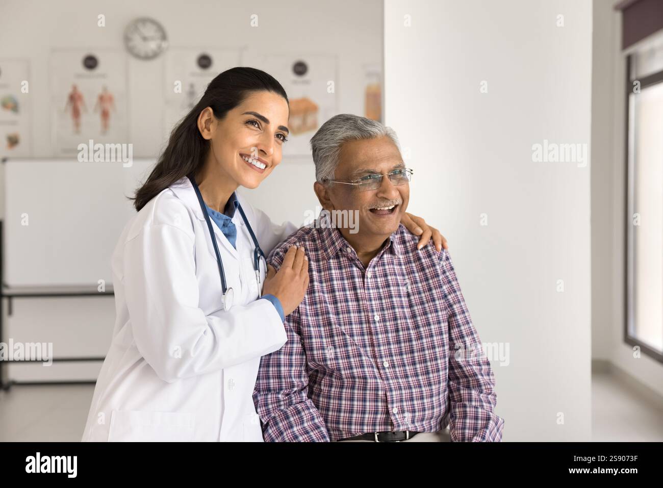 Doctor hug shoulders of senior patient dream about healthy future Stock ...