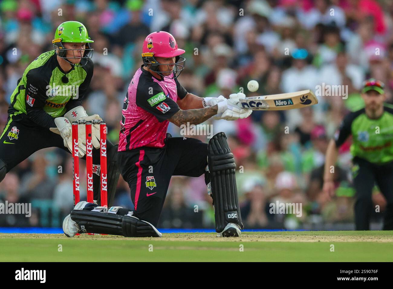 Josh Philippe of the Sixers hits a four off the bowling of Nathan ...