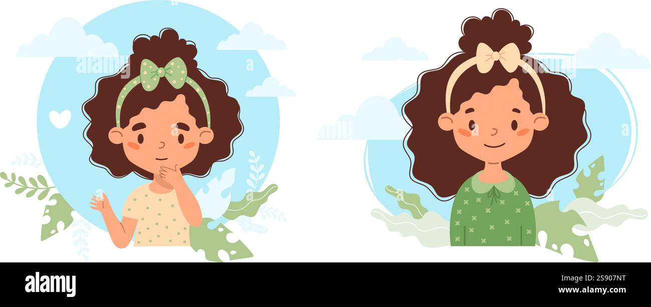 Cute girl child with curly hairstyle. Concept beneficial effects of ...