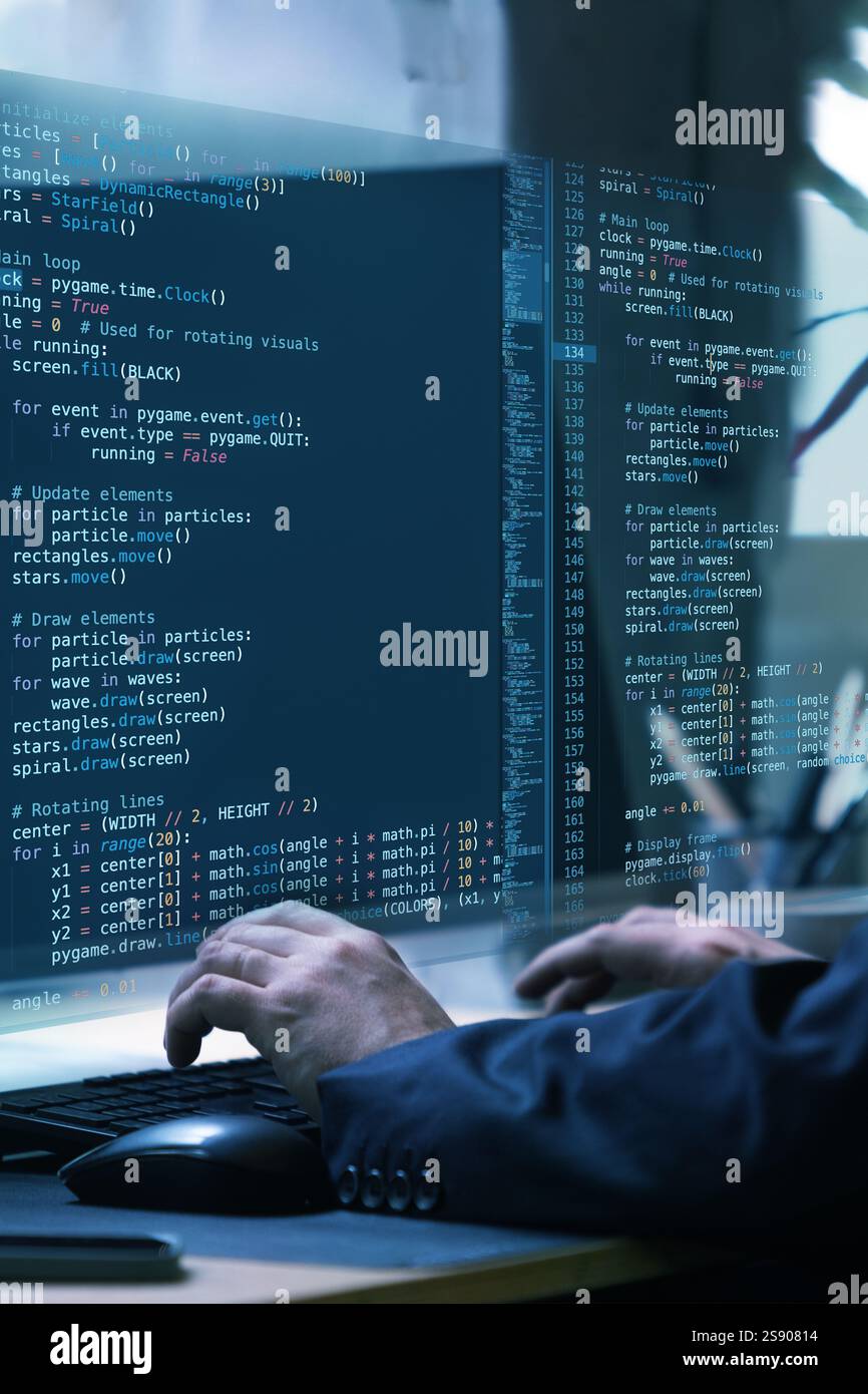 Virtual programming environment combining fictional program code, showcasing innovation ...
