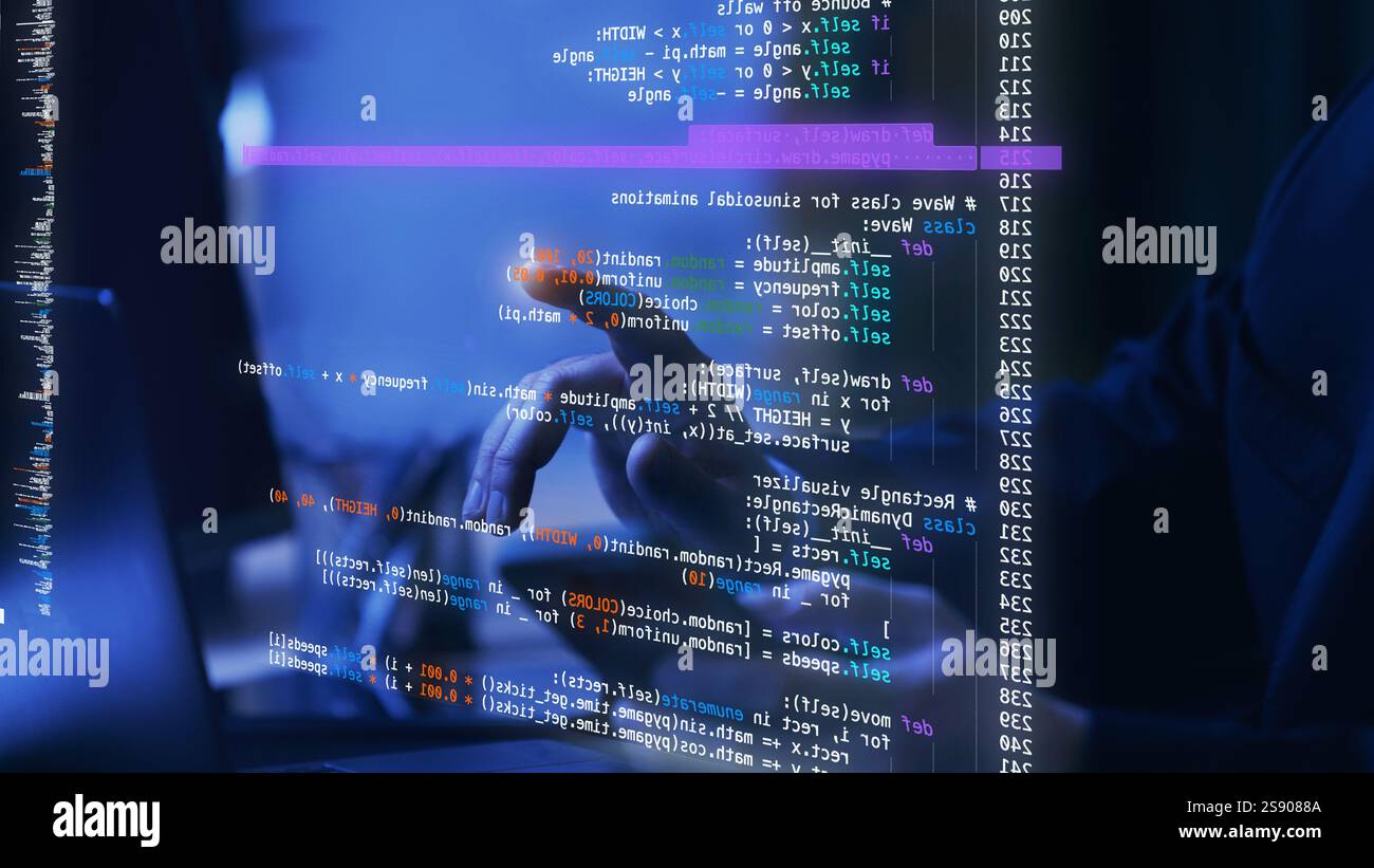 Hands pointing to fictional code in virtual space, representing interactive and immersive ...