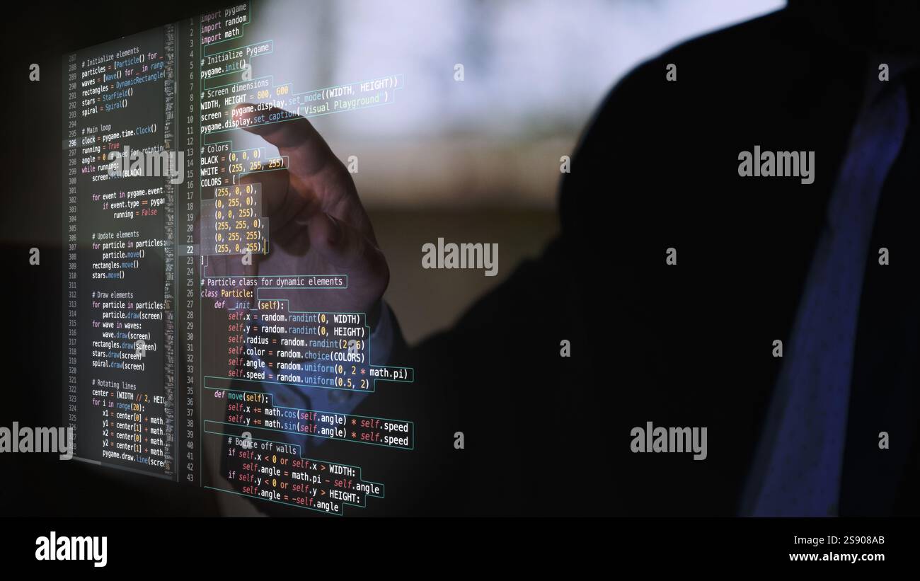Hands interacting with virtual projection of fictional code, showcasing seamless blend of human ...