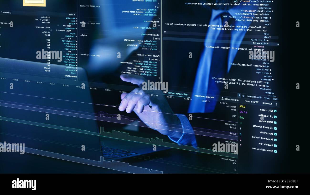 Close-up of hands on laptop keyboard, surrounded by floating, translucent layers of fictional ...