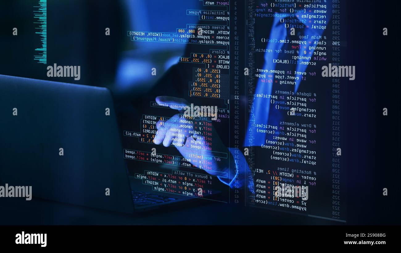 Person in formal suit typing on laptop, with holographic lines of code and graphical data ...