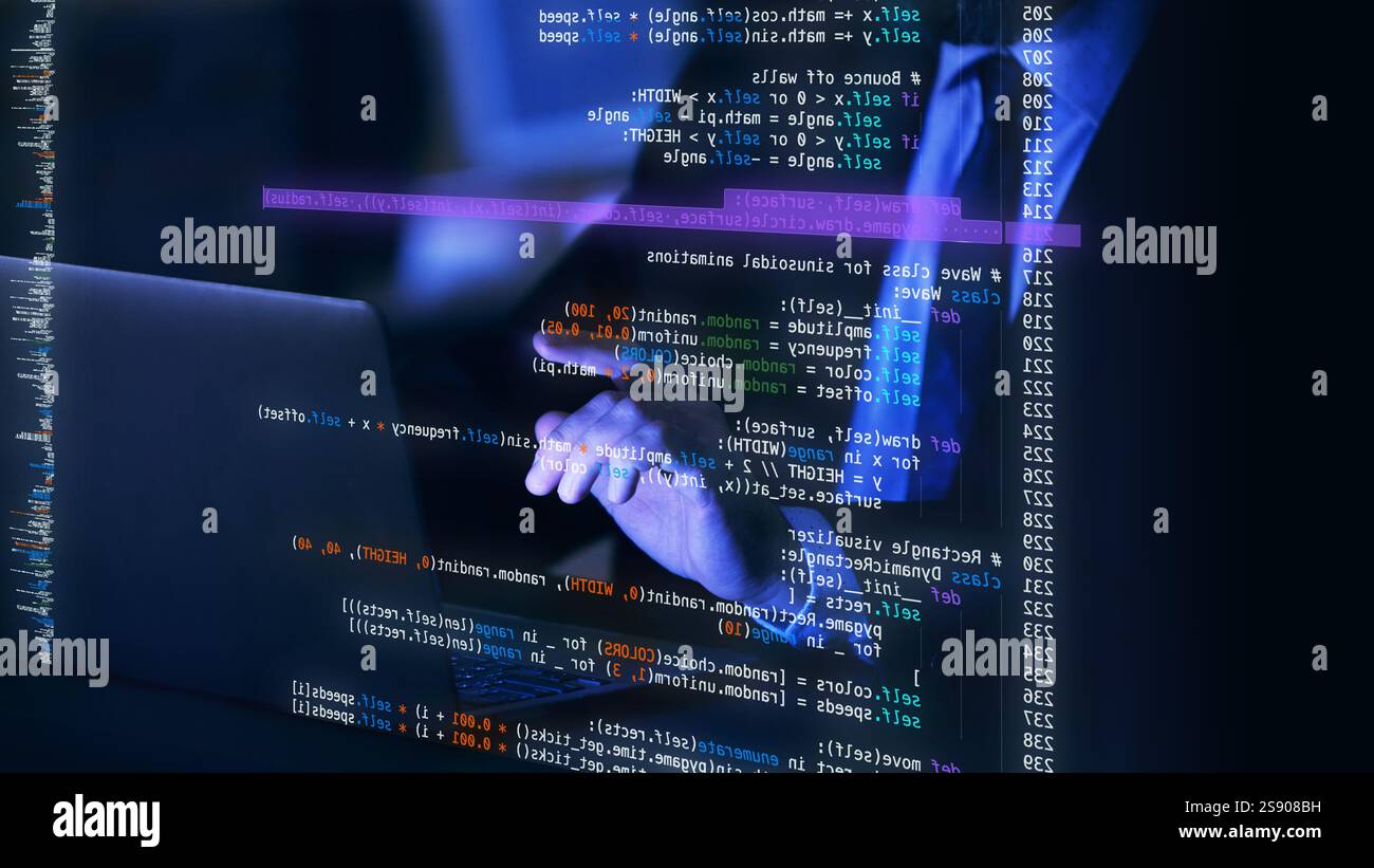 Professional interacting with laptop, with visible holographic lines of ...