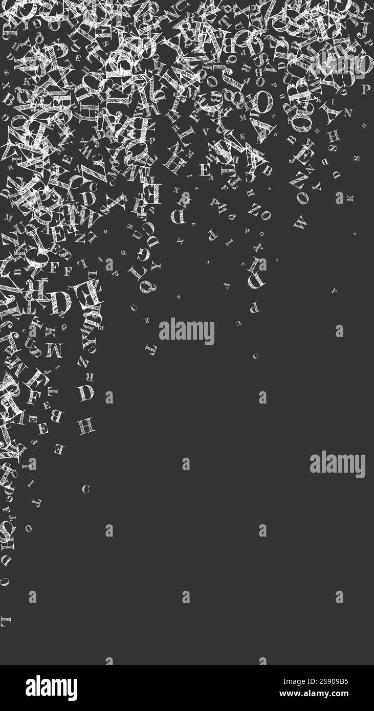 School notebook cover. White chalk floating letters of Latin alphabet ...